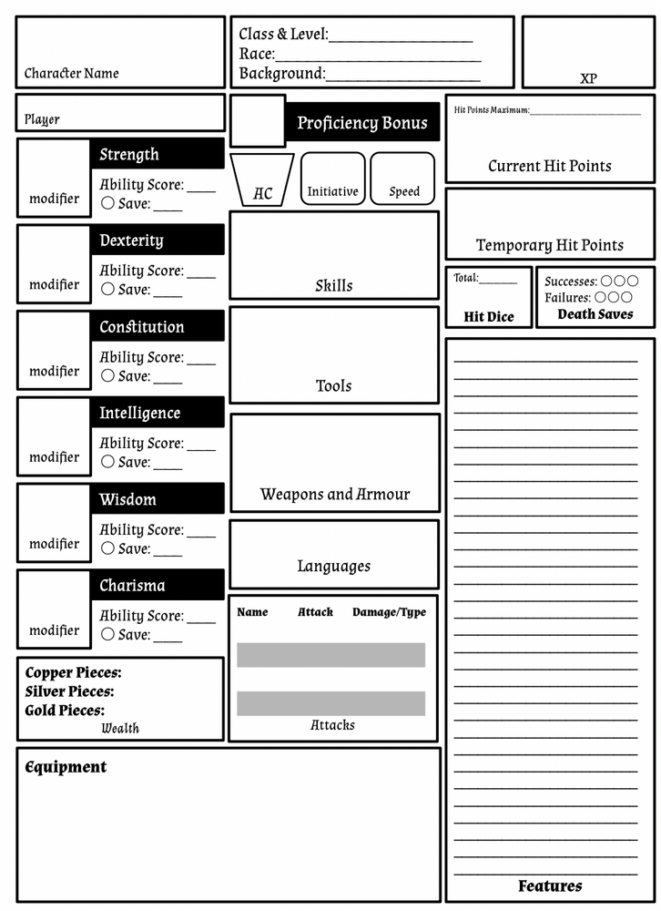 d&d 5e character sheet redesign by Dropbear Games