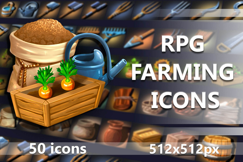50 Farming Icons by Free Game Assets (GUI, Sprite, Tilesets)