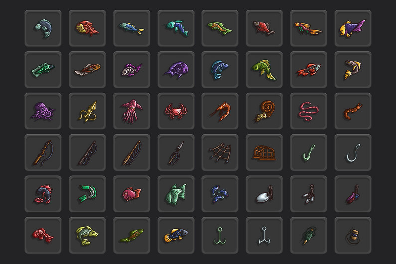 RPG Fishing Game Icons by Free Game Assets (GUI, Sprite, Tilesets)
