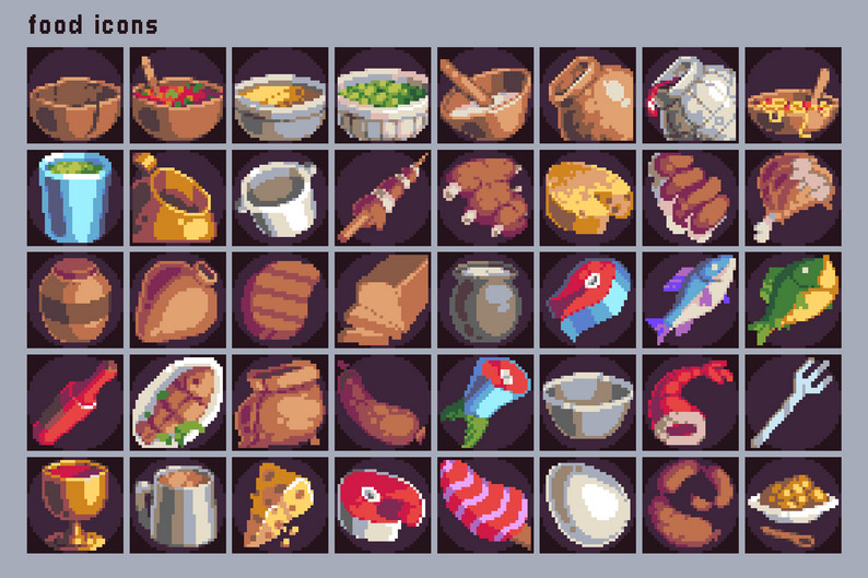 40 Food Icons by Free Game Assets (GUI, Sprite, Tilesets)