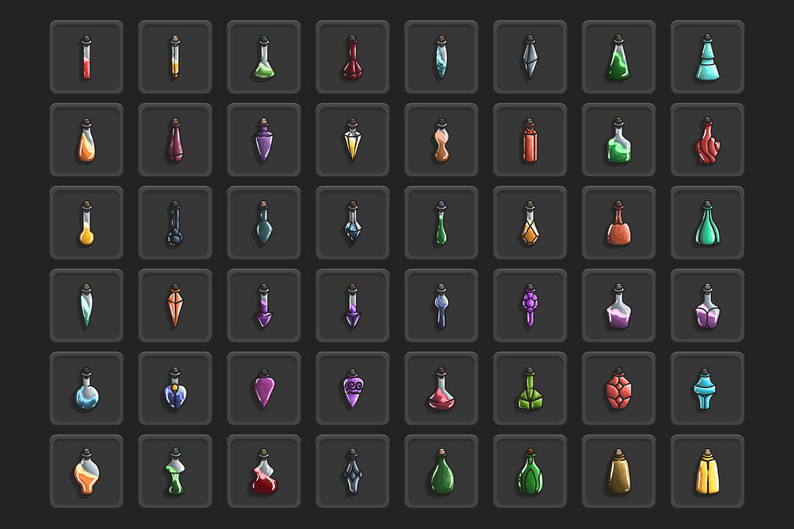 48 Magic Potion RPG Icons by Free Game Assets (GUI, Sprite, Tilesets)