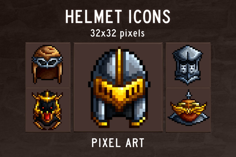 48 Helmet Pixel Art Icons by Free Game Assets (GUI, Sprite, Tilesets)