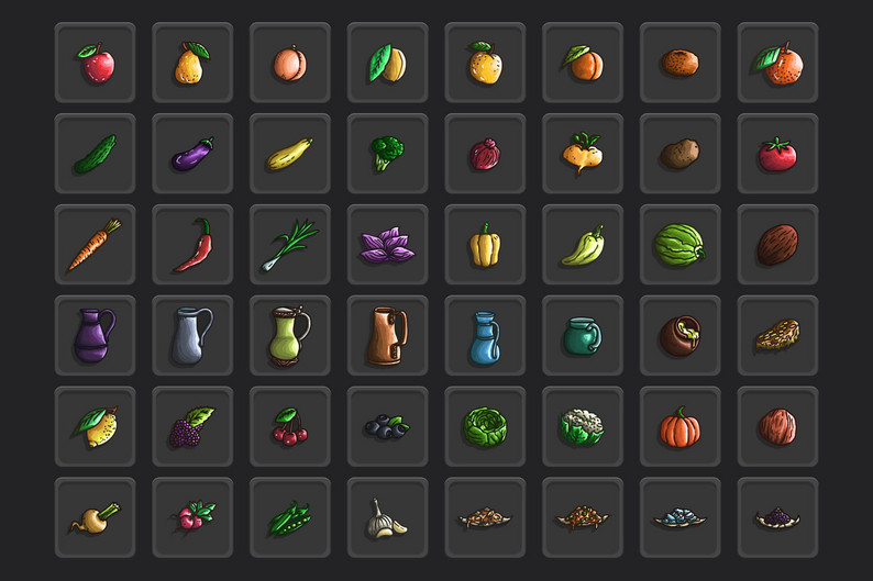Fruit and Vegetable Icons by Free Game Assets (GUI, Sprite, Tilesets)