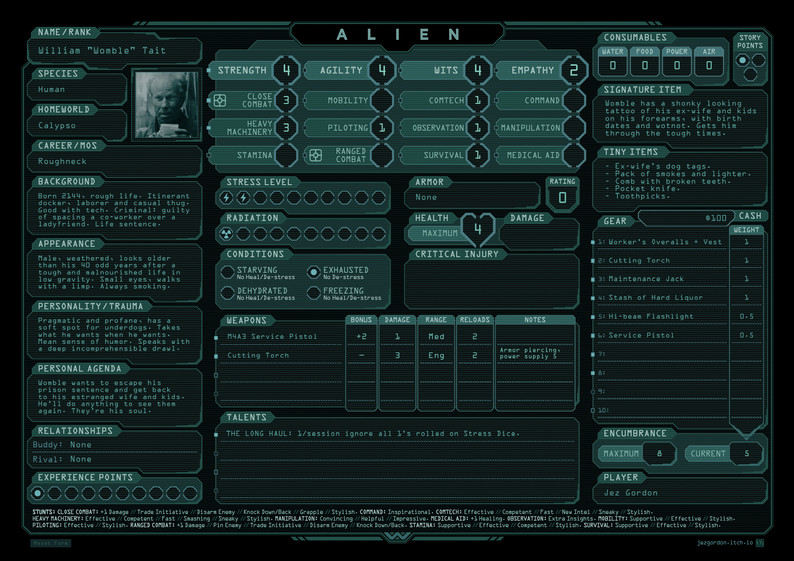 Alien RPG Custom Character Sheet by Jez Gordon