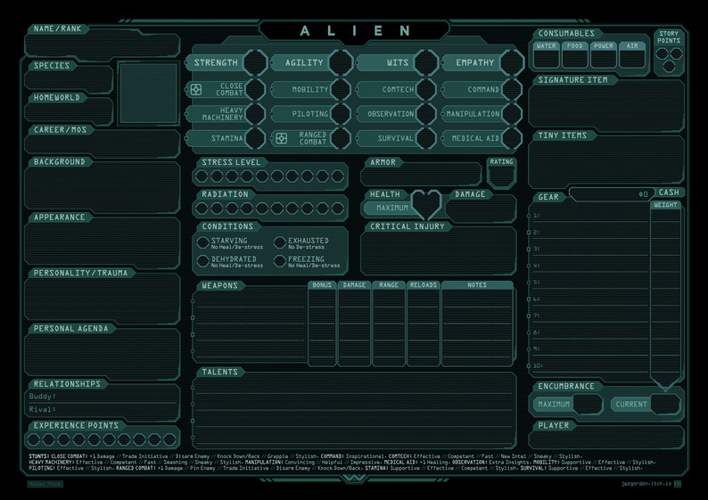 Alien RPG Custom Character Sheet by Jez Gordon