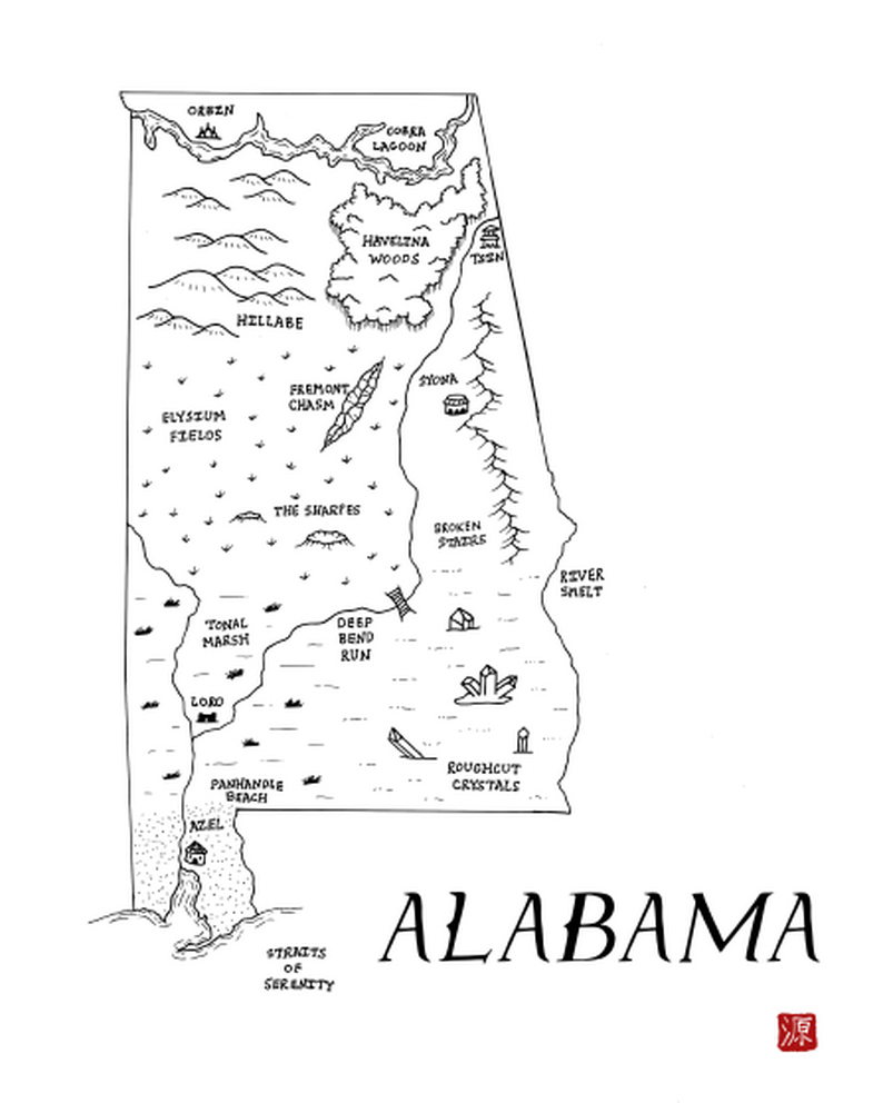 Alabama as a fantasy map by Alda Yuan