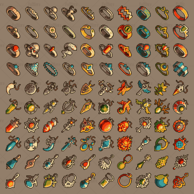 120 Pixel Art Trinket Icons by MedievalMore