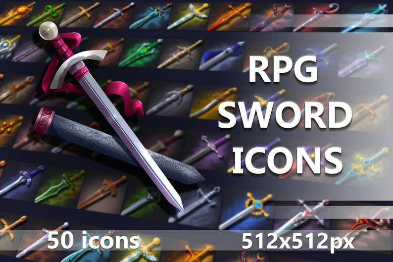 50 Sword RPG Game Icons by Free Game Assets (GUI, Sprite, Tilesets)