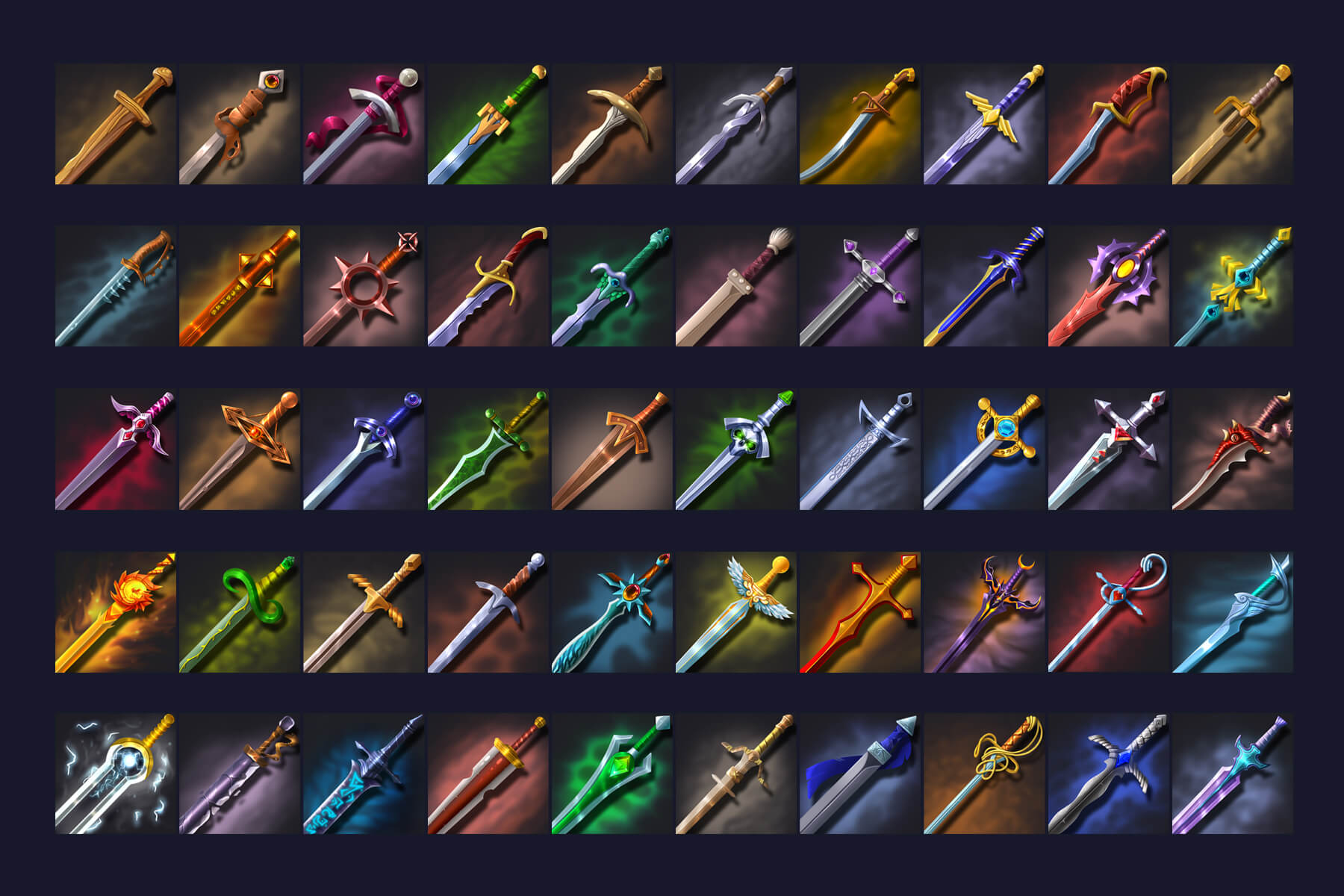 50 Sword RPG Game Icons by Free Game Assets (GUI, Sprite, Tilesets)