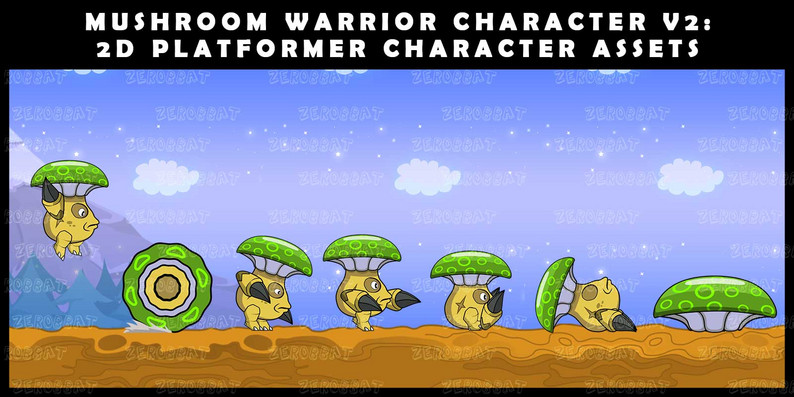2d mushroom character sprite sheet: game asset graphics by Zerobat-G