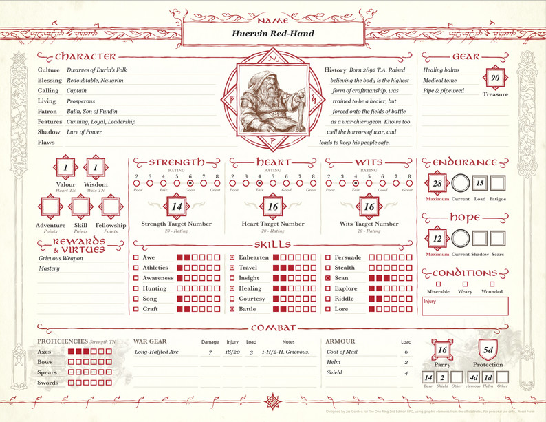 The One Ring 2nd Edition RPG Custom Character Sheet by Jez Gordon