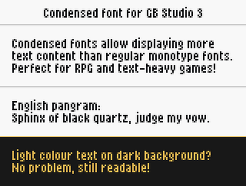 Condensed pixel font set for GB Studio by Edo999