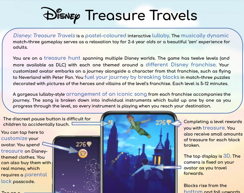 Treasure Travels one-page game design document by Samuel Mortimer