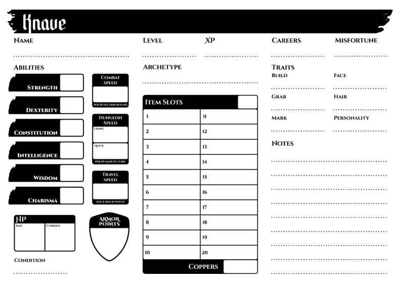Knave Character Sheet by Lazarus