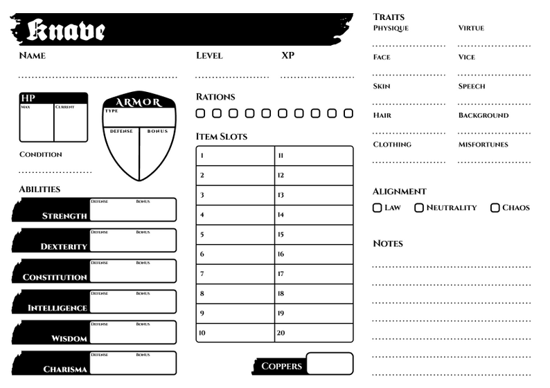 Knave Character Sheet by Lazarus