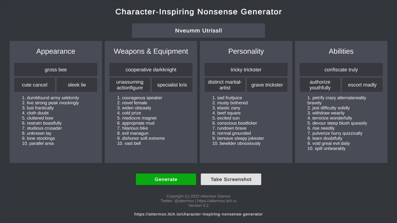 Character-Inspiring Nonsense Generator by Altermox