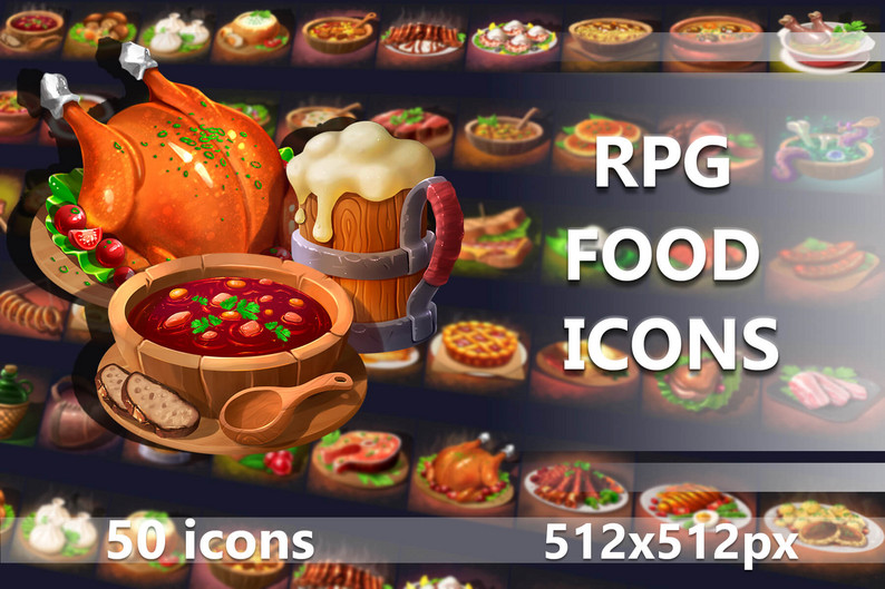 50 Food Icons by Free Game Assets (GUI, Sprite, Tilesets)