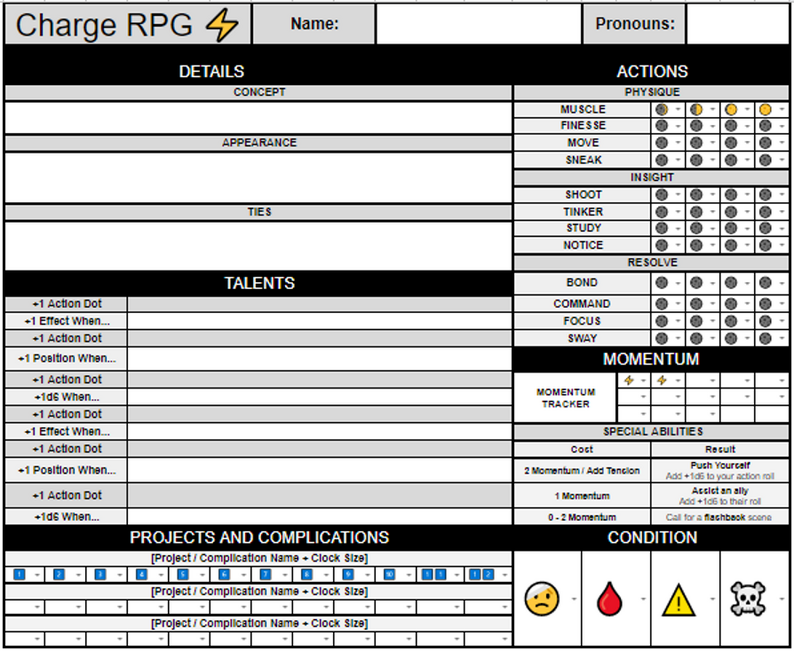 Charge RPG Character Spreadsheet by Pyreflies