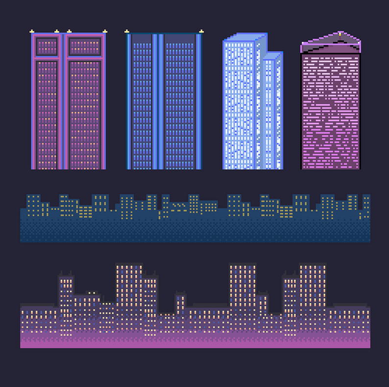 Free: Skyscraper Buildings and Skylines, in Pixel Art by OldNinjaCat
