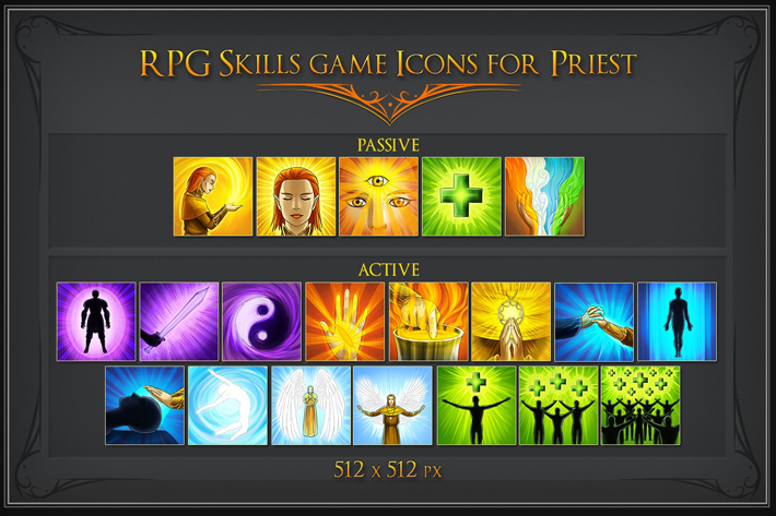 RPG Skill Icons for Priest by Free Game Assets (GUI, Sprite, Tilesets)