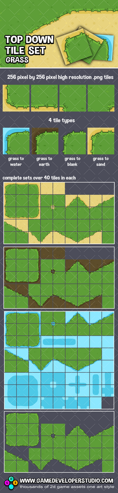 Top down grass tile set by Robert Brooks - gamedeveloperstudio.com