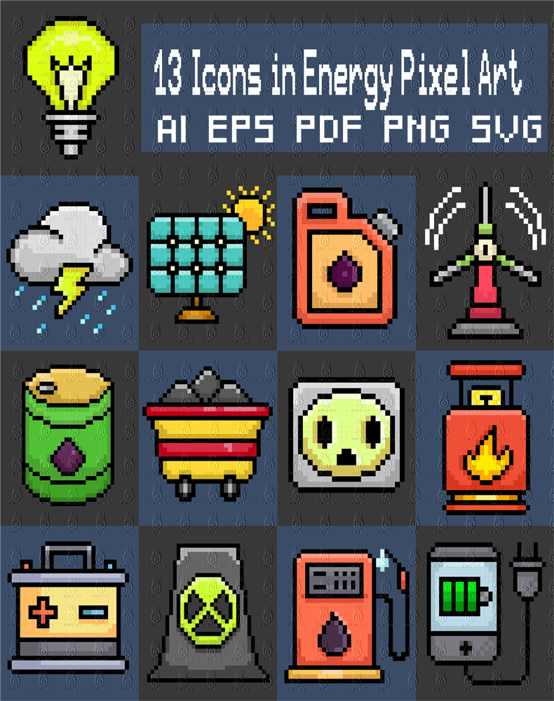 Pack of 13 Power and Energy Icons in Pixelarte, Energy Pixel art ...