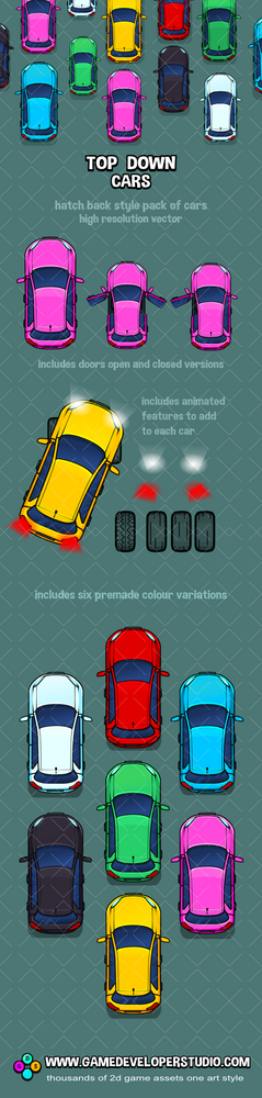 Top down cars game asset pack by Robert Brooks - gamedeveloperstudio.com