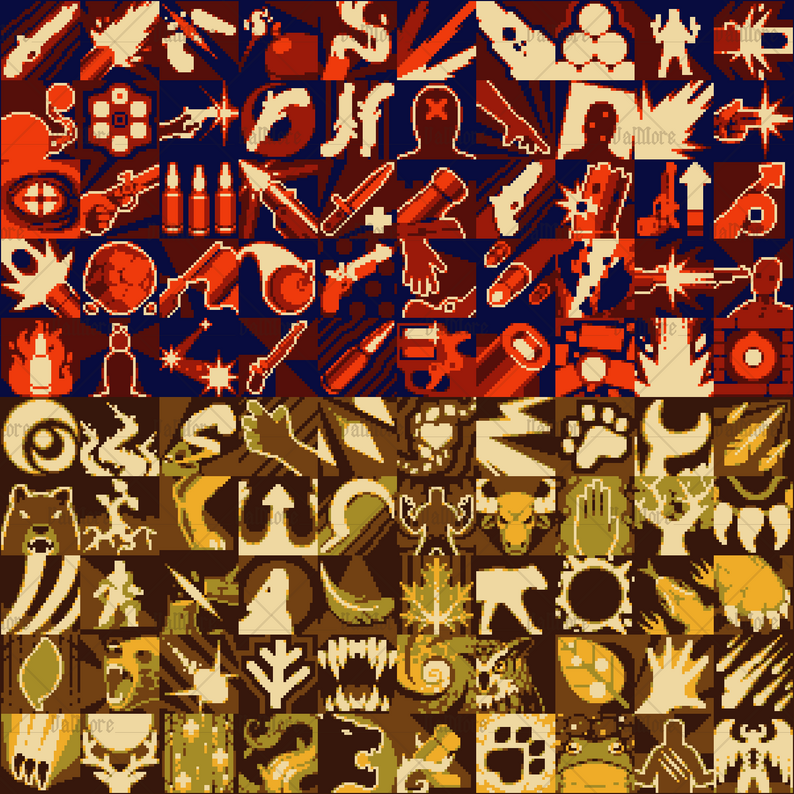 100 Pixel Art Ability Icons #6 (Gunslinger, Druid) by MedievalMore
