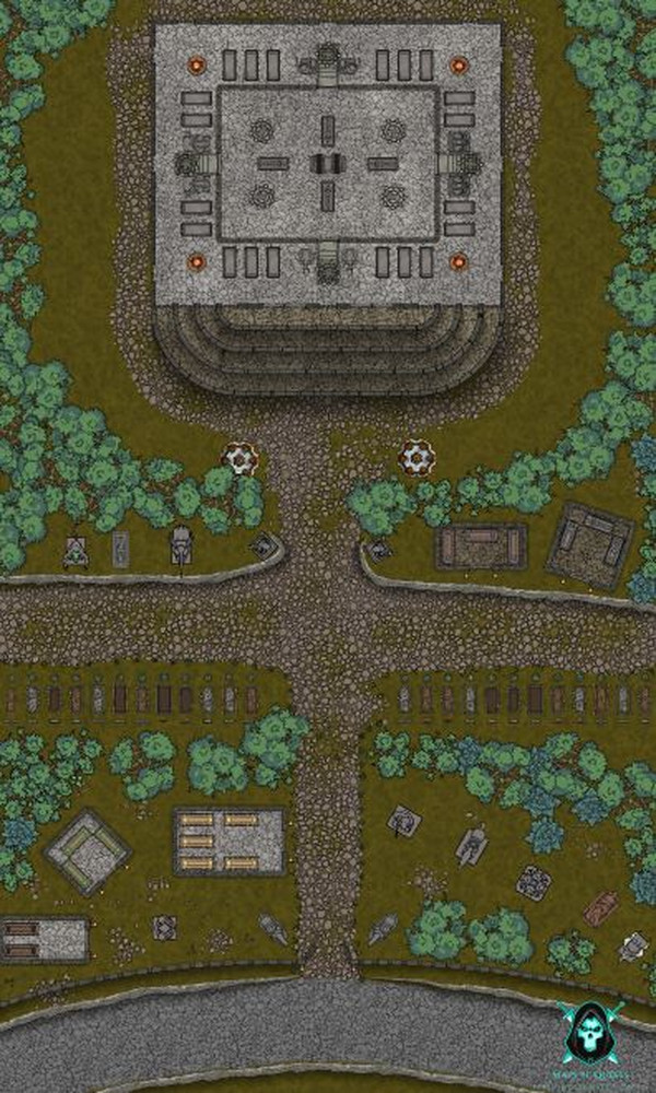Cemetery and Mausoleum 30x50 TTRPG Encounter Map by Maps 'N' Quests