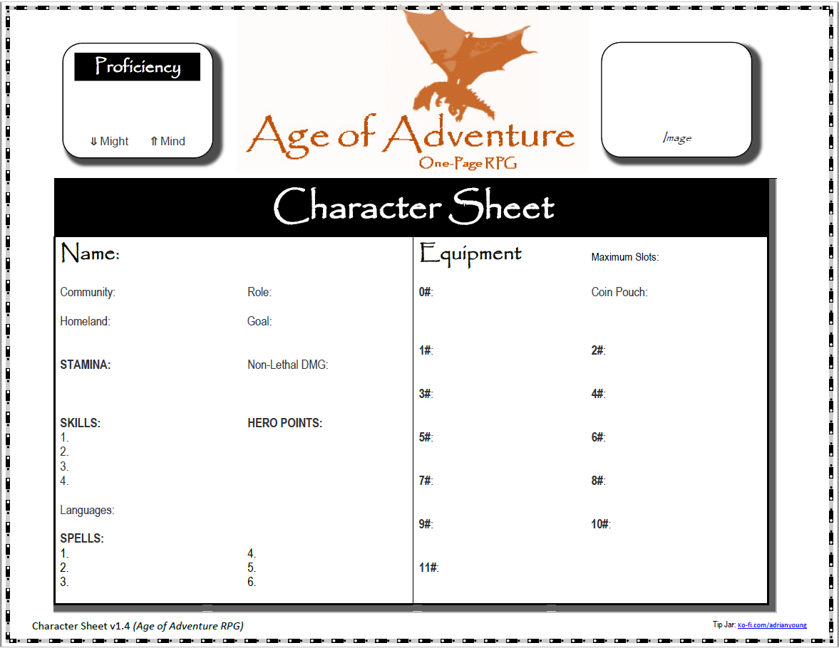 Age of Adventure RPG - Character Sheet by adrian young games
