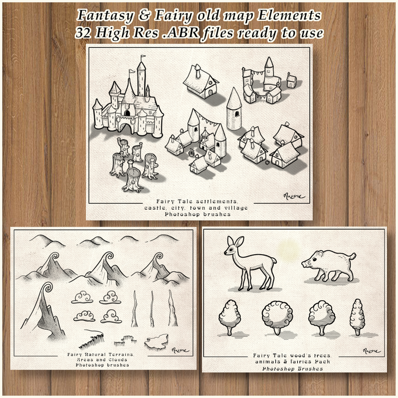 Fantasy mapping 32 .abr brushes and PNGs assets by atygeek