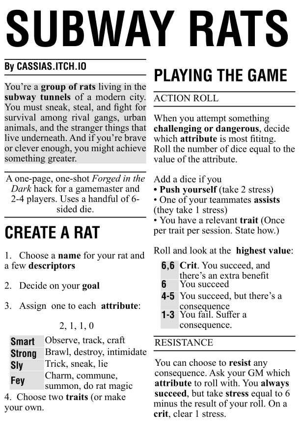 SUBWAY RATS by cassias for One-Page RPG Jam 2022 - itch.io