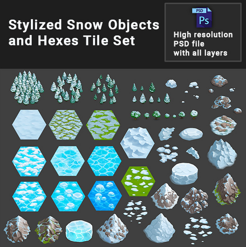Stylized Snow Objects and Hexes Tile Set by squidcg