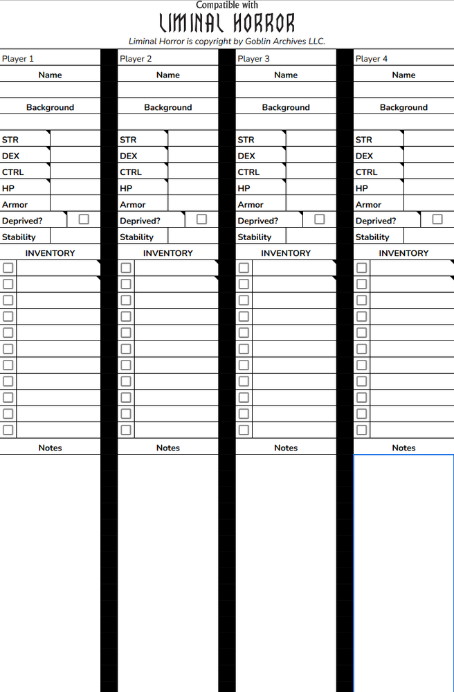 Liminal Horror Digital Character Sheet (Portrait) by fleetingXe