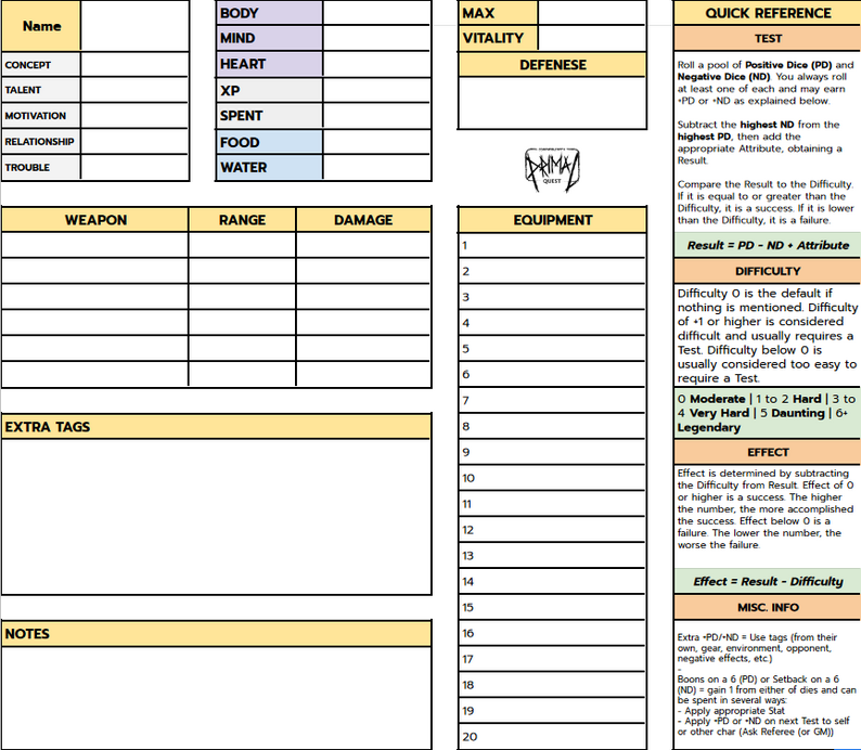 Primal Quest Digital Character Sheet by fleetingXe