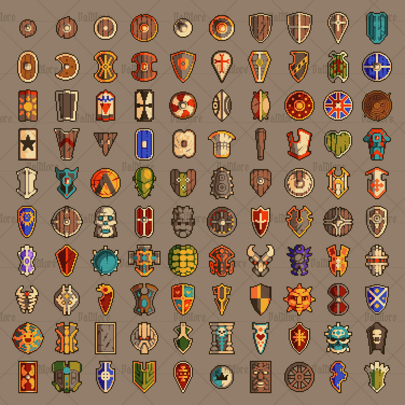 120 Pixel Art Shield Icons by MedievalMore