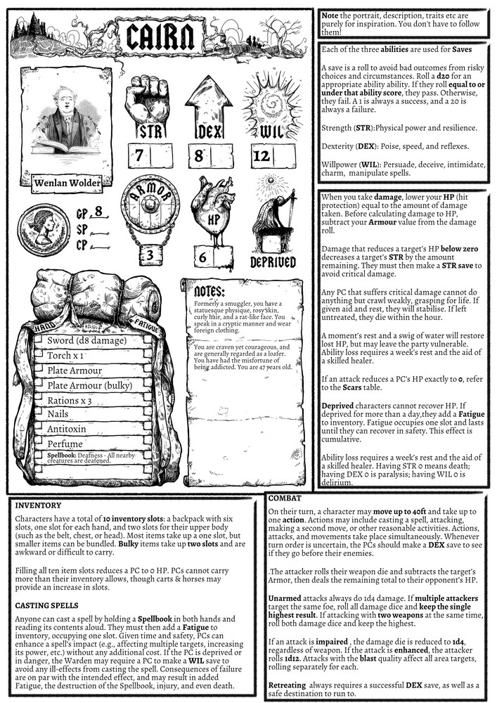 One Page Cairn Character Sheets with Rules Summary by Pointless Monument