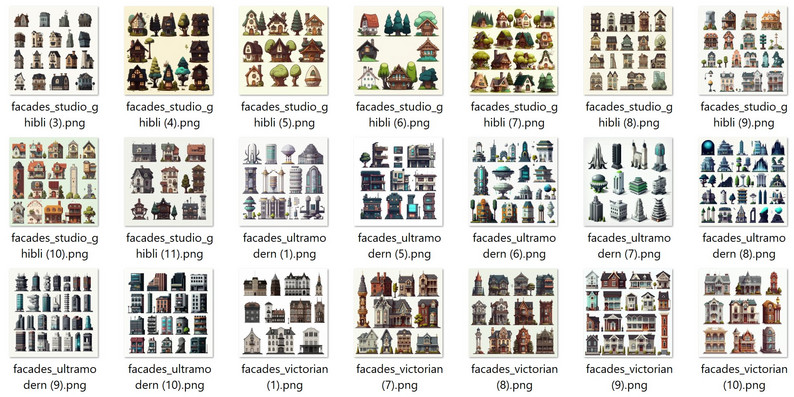 2D BUILDING FACADES MIX spritesheets x72 by vfrabasil