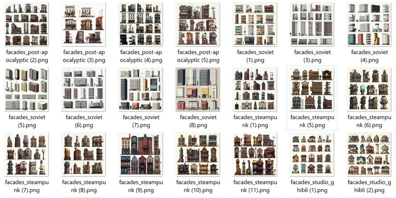 2D BUILDING FACADES MIX spritesheets x72 by vfrabasil