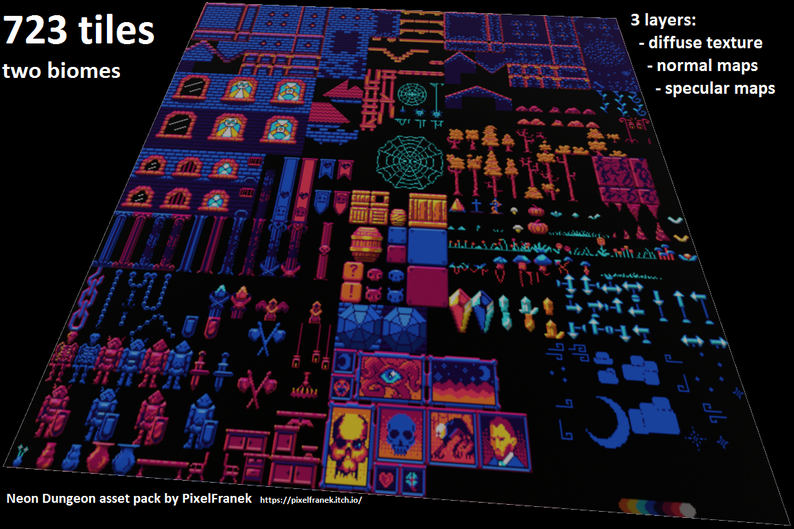 Neon Dungeon - sidescroller asset pack [16x16] (8 colors + normal maps ...