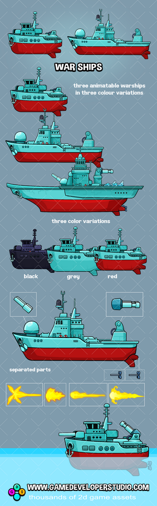 Animatable warships game sprites by Robert Brooks - gamedeveloperstudio.com
