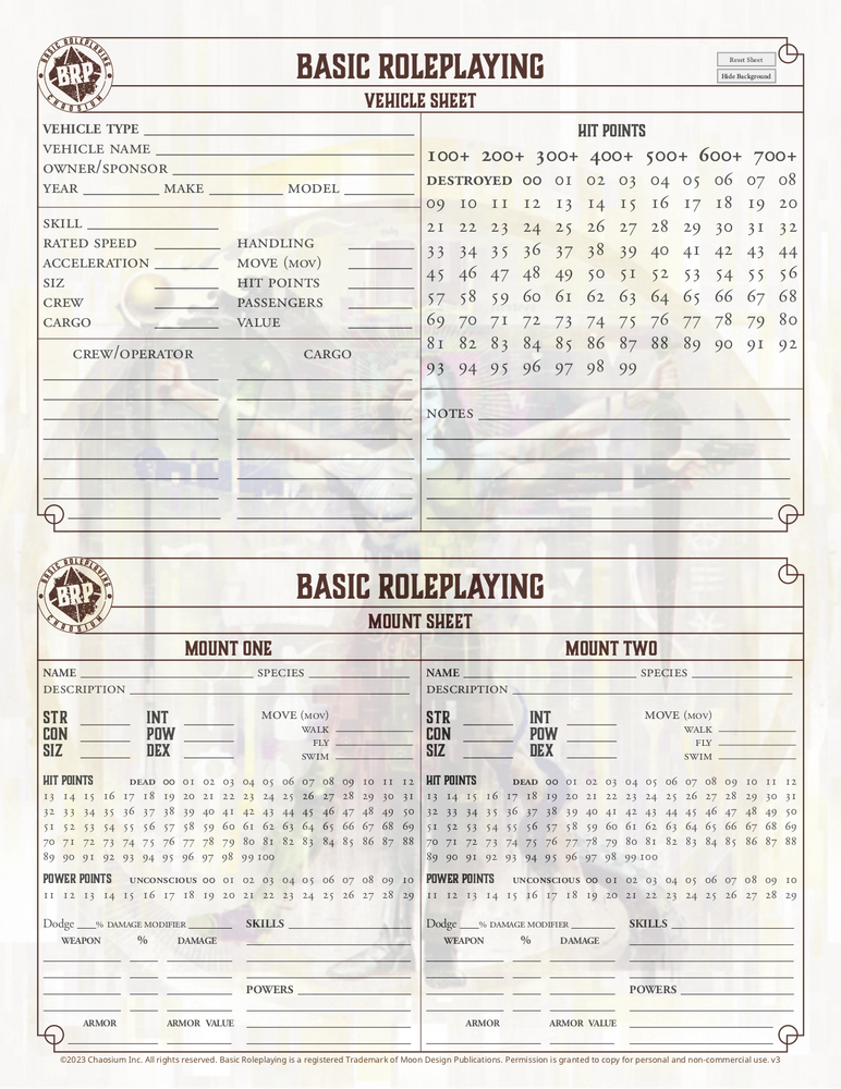 Basic Roleplaying Free Handouts and Character Sheets Pack by Chaosium