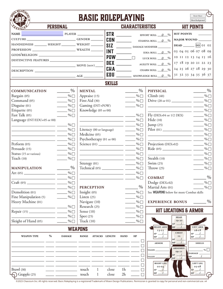 Basic Roleplaying Free Handouts and Character Sheets Pack by Chaosium