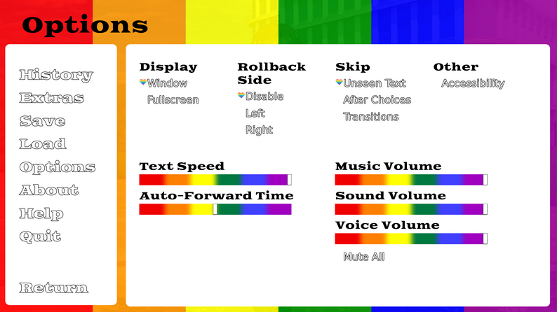 Pride Rainbow Ren'py GUI Design by Jaime Scribbles Games