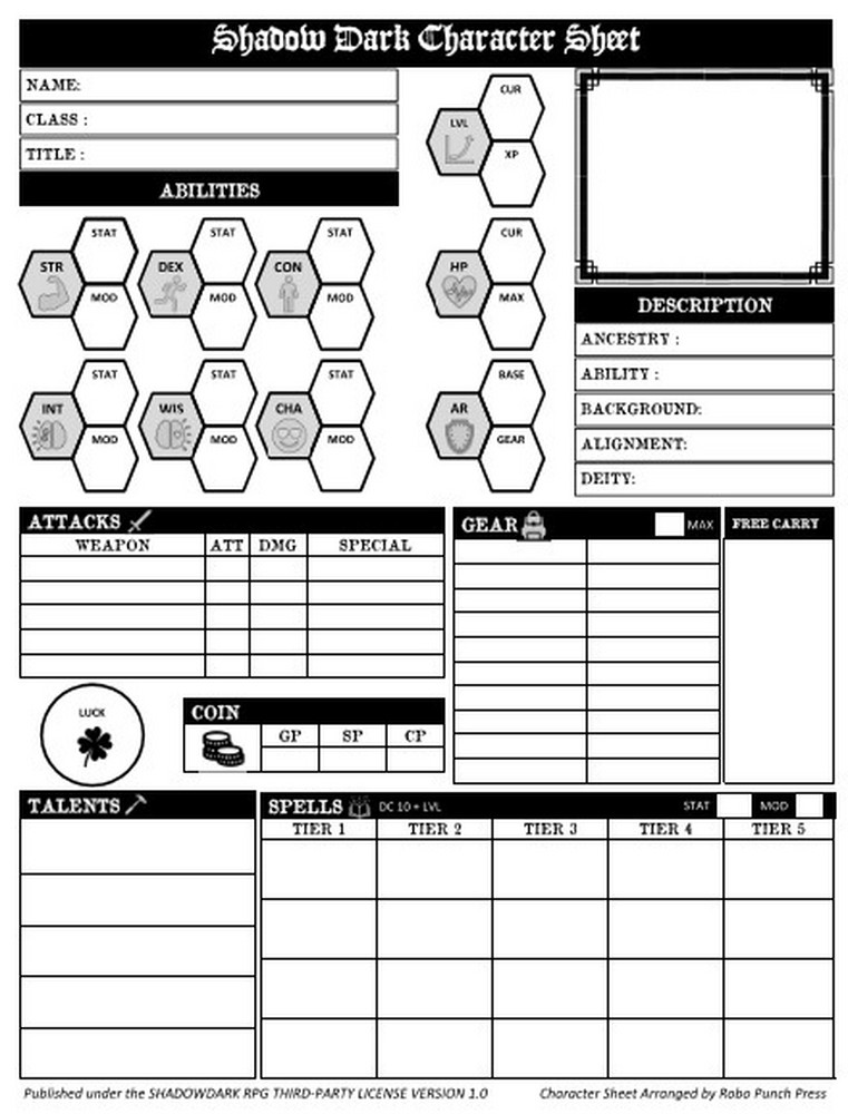 ShadowDark Character Sheet by RocketPunchPress