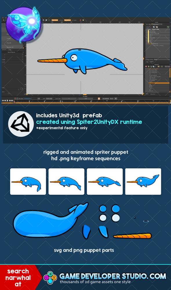 Animated narwhal by Robert Brooks - gamedeveloperstudio.com