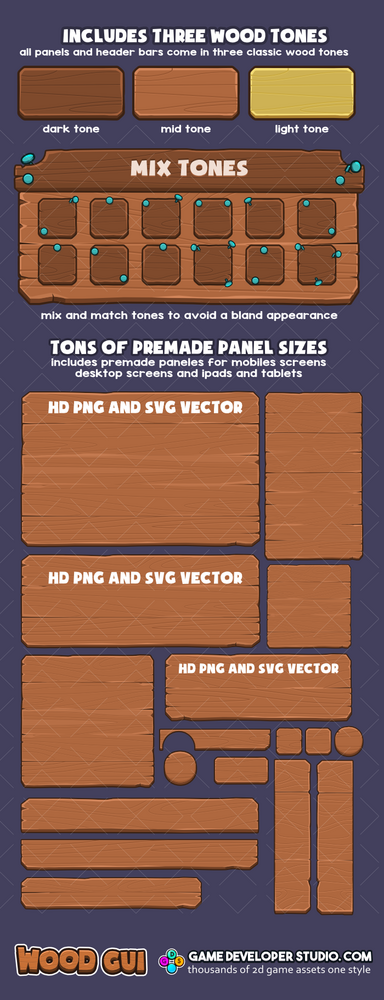 Wood theme game GUI by Robert Brooks - gamedeveloperstudio.com