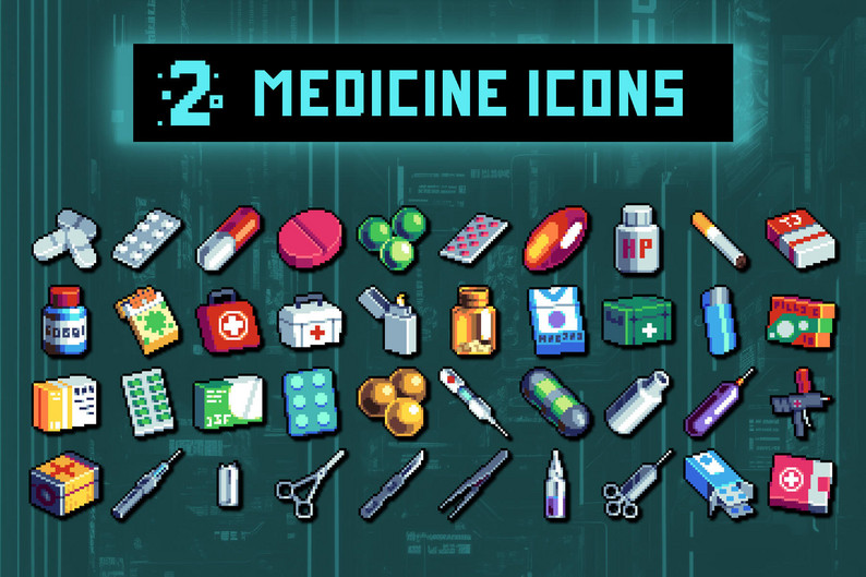 Medicine Pixel Art 32×32 Icons by Free Game Assets (GUI, Sprite, Tilesets)