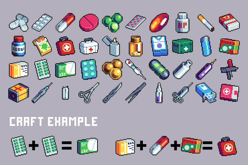 Medicine Pixel Art 32×32 Icons by Free Game Assets (GUI, Sprite, Tilesets)