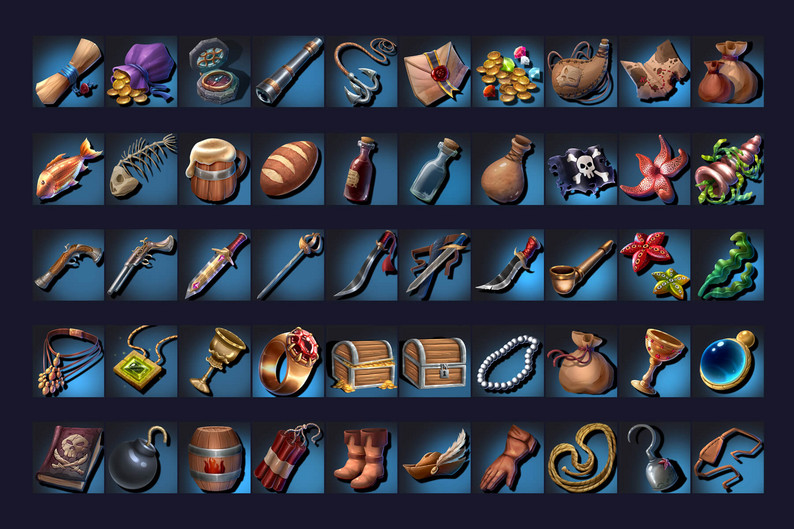 50 Pirate Loot Icons by Free Game Assets (GUI, Sprite, Tilesets)
